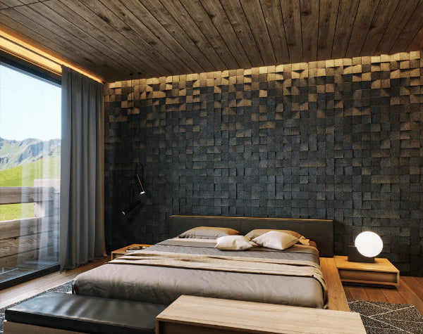 Bedroom | Temple Lava Basalt V Squares Cladding